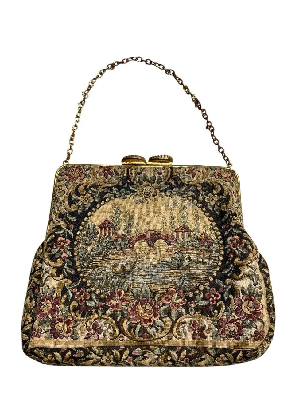 Bags | Vintage Made In France Tapestry Handbag Scenic Bridge Floral ...